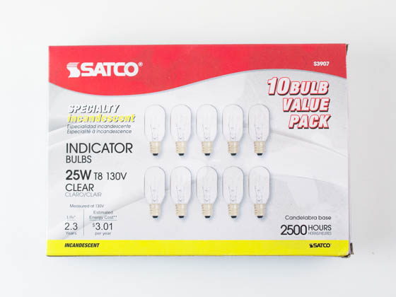 Satco 25 Watt T8 Incandescent Indicator Bulb, E12 Base, 130 Volt | 25T8C (130V) | Bulbs.com