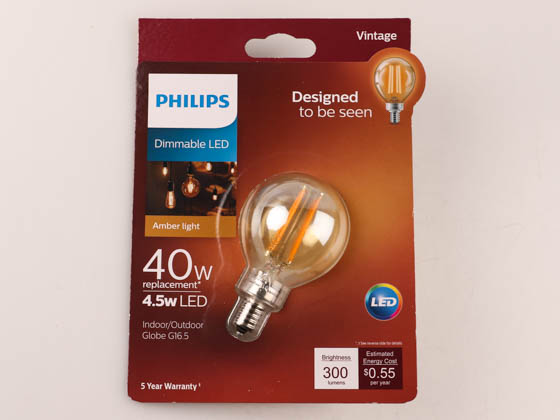 Philips Dimmable 4.5W 2000K Vintage G-16.5 Filament LED Bulb, Outdoor ...