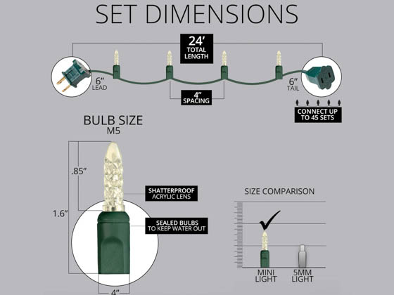 24 Ft. Holiday Green String Lights with M5 Warm White LED Bulbs | 70 M5 ...